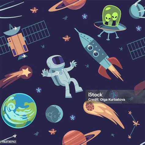 卡通空間無縫背景手繪星系模式與太空船衛星行星宇航員 兒童塗鴉向量設計向量圖形及更多外太空圖片 外太空 兒童 嬰兒 Istock