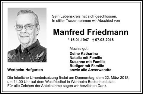 Traueranzeigen Von Manfred Friedmann Trauerportal Ihrer Tageszeitung