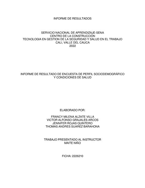 Informe de perfil sociodemográfico y de condiciones de salud Subway Pacifico SAS INFORME DE