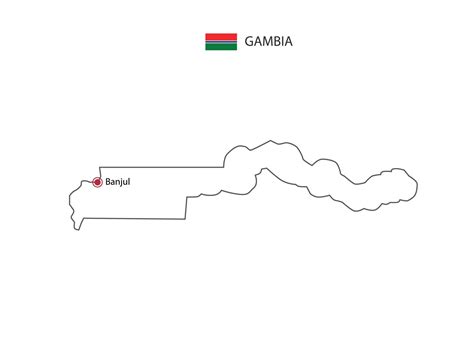 Hand Draw Thin Black Line Vector Of Gambia Map With Capital City Banjul