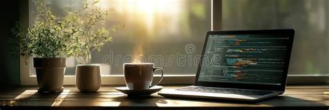 minimal tech startup workspace featuring laptop coffee and coding activity during morning