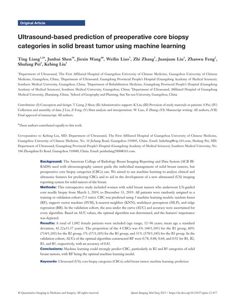 Pdf Ultrasound Based Prediction Of Preoperative Core Biopsy Categories In Solid Breast Tumor