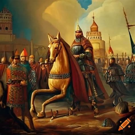 Historical painting of the king of rus entering a conquered city on ...