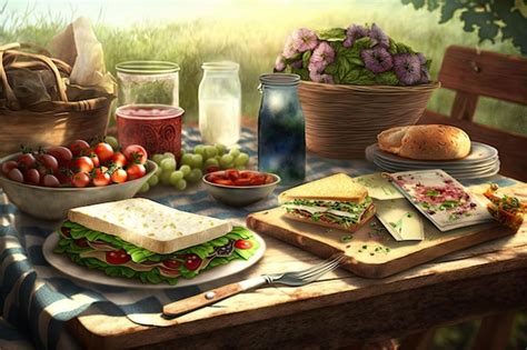 Premium Photo Picnic Table With Spread Of Refreshing Salads And Light