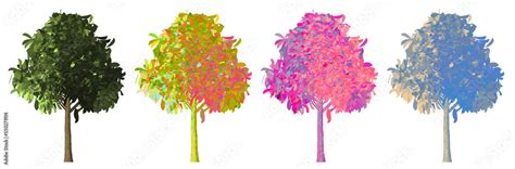 A Set Of Multi Colored Deciduous Trees With Large Rounded Leaves And