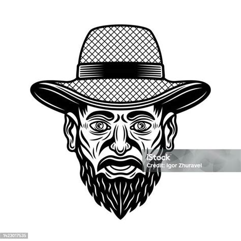 흰 배경에 고립 된 빈티지 스타일의 콧수염 수염 벡터 흑백 일러스트레이션이있는 밀짚 모자를 쓴 농부 머리 농부에 대한 스톡 벡터 아트 및 기타 이미지 Istock