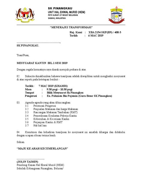 Surat Panggilan Mesyuarat Kantin Bil1 2019 Pdf