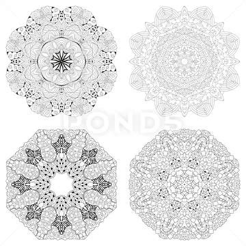 Hand Drawn Zentangle Set Of 4 Mandalas For Coloring Page Illustration