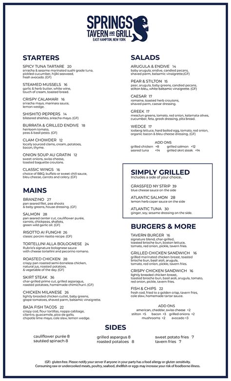 Menu Springs Tavern And G