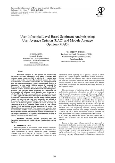 Pdf User Influential Level Based Sentiment Analysis Using User Average Opinion Uao And