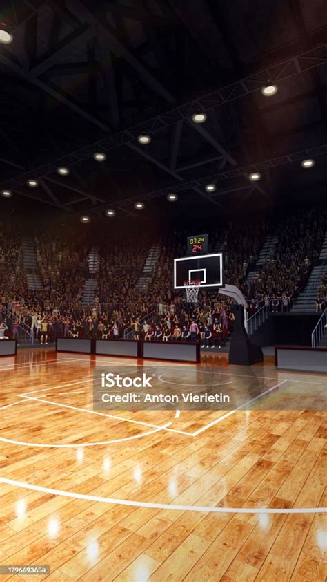 세로 이미지입니다 농구 코트 후프가 있는 경기장의 3d 모델 텅 빈 농구장 좋아하는 선수를 기다리는 팬들이 있는 운동장 챔피언십 전 경기장 2024년에 대한 스톡 사진 및