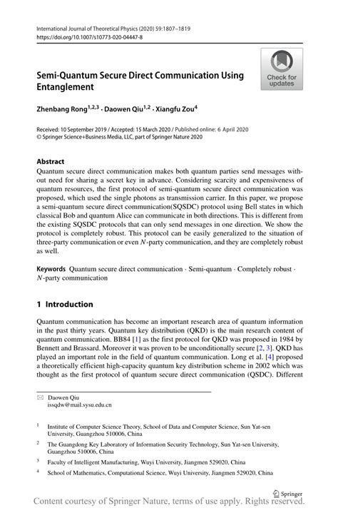 semi quantum secure direct communication using entanglement request pdf