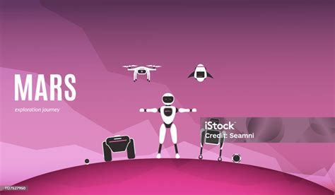 현대 로봇 설정된 벡터 일러스트 레이 션 세련 된 로봇 무인 항공기 자치 차량 로켓에 행성 화성 과학에 대한 스톡 벡터 아트 및 기타 이미지 Istock