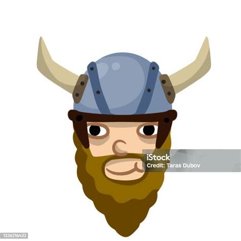 바이킹 전사의 귀여운 얼굴 재미있는 아이들 스칸디나비아 문자 중세 수염 남자 플랫 만화 일러스트레이션 뿔달린 헬멧을 쓰고 있는 병사 가공의 인물에 대한 스톡 벡터 아트 및