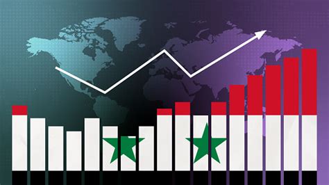 기복이 있는 시리아 막대 차트 그래프 가치 증가 경제 회복 및 비즈니스 개선의 개념 기업 재개 정치 갈등 깃발이 있는 전쟁 개념