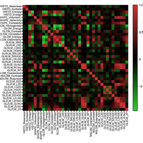 The Heat Map Of Pearsons Correlation Coefficients Among Radiomics Download Scientific Diagram