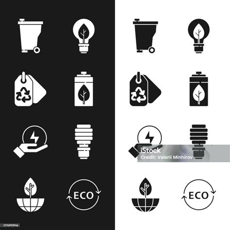에코 자연 잎 및 배터리 세트 재활용 쓰레기통 전구 번개 볼트 Led 조명 에코 건강 식품 라벨 및 지구 지구 식물 아이콘 벡터