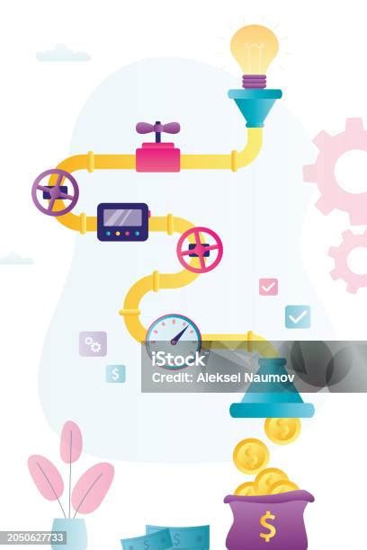 수익성 있는 비즈니스 프로젝트 생성 프로세스 시동을 생성하고 제어하기 위한 밝은 전구가 있는 돈 생성기 파이프라인 및 파이프