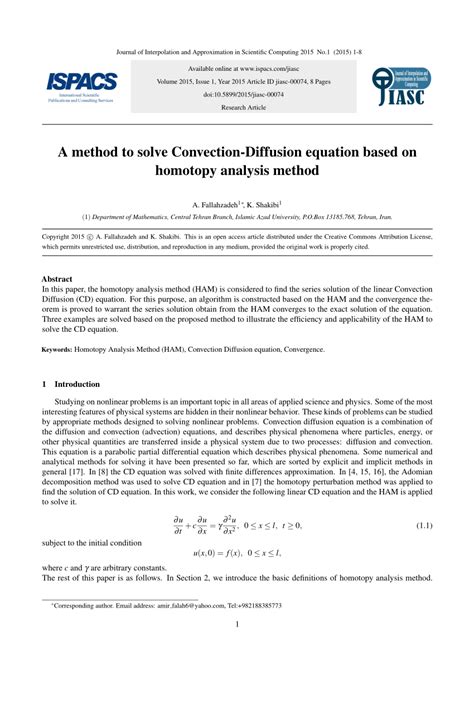 Pdf A Method To Solve Convection Diffusion Equation Based On Homotopy Analysis Method
