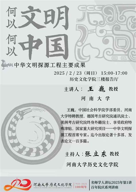 王巍：何以文明 何以中国——中华文明探源工程主要成果（时间：223） 欢迎访问河南大学人文社科研究院