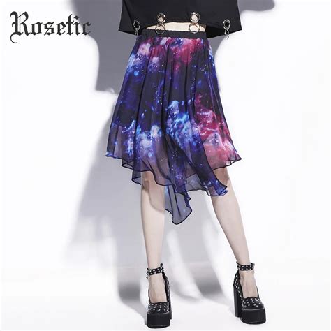 Rosetic Gothic Asymmetrical Skirt Print Chiffon Summer Women Casual