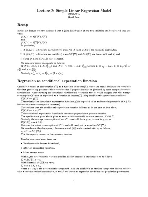 Lecture 2 Simple Linear Regression Model Recap Pdf Regression Analysis Errors And Residuals