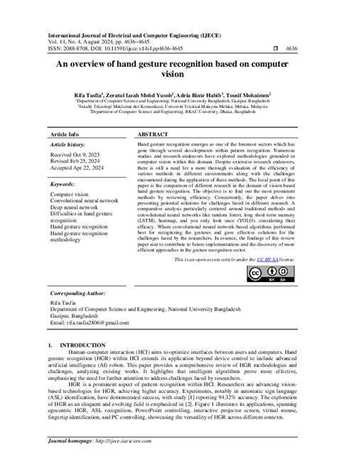 Pdf An Overview Of Hand Gesture Recognition Based On Computer Vision