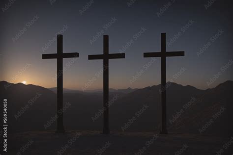 Crosses On Calvary Oil Painting Symbolic Of The Crucifixion Of Jesus