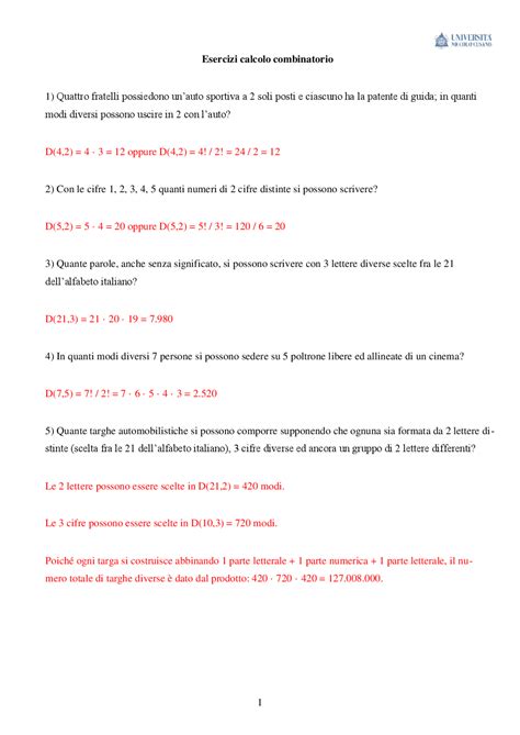 Statistica Calcolo Combinatorio Esercitazione Docsity