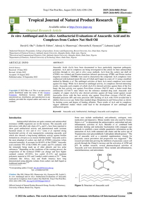 Pdf In Vitro Antifungal And In Silico Antibacterial Evaluations Of Anacardic Acid And Its