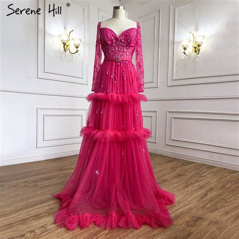 Serene Hill Muslim Fuschia Luxury Evening Dresses Gowns 2023 A Line