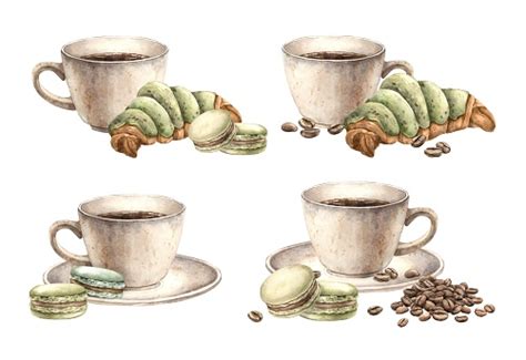 커피 마카롱 피스타치오 글레이즈를 곁들인 크루아상 볶은 커피 원두가 담긴 세라믹 머그잔 손으로 그린 그림의 수채화 세트입니다 상점 카페 배너 엽서 초대장 디자인 0명에 대한