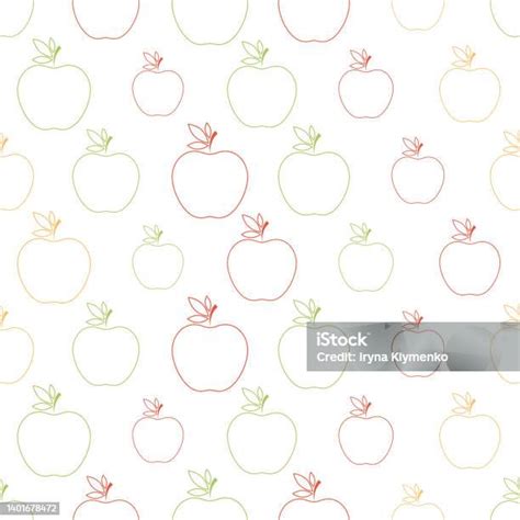 사과와 원활한 패턴 라인 아트 스타일의 아이콘 사과 과일 아이콘 기호입니다 색깔있는 사과의 개요 직물 포장지 벽지 포장지에 인쇄를위한 디자인 벡터 일러스트 레이 션 가을에