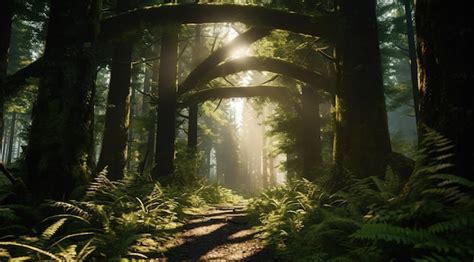 Premium Ai Image A Forest Path With A Sun Shining Through The Trees