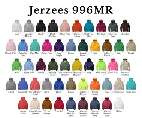 Editable Jerzees 996mr Color Chart And Size Chart Canva Template 996mr