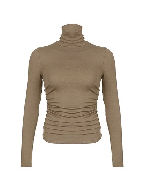 Emmiol Free Shipping 2023 Ruched Turtleneck Long Sleeve Top Apricot S