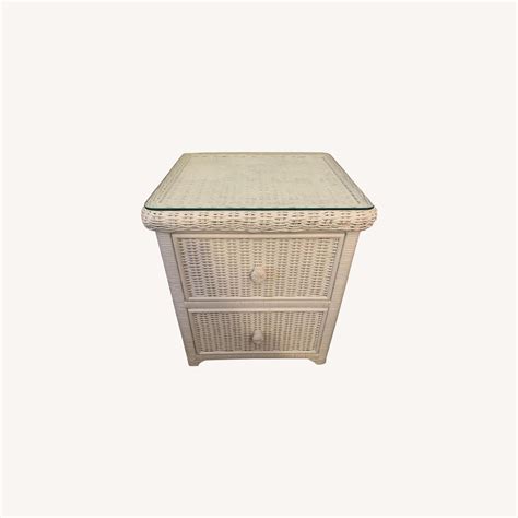 White Wicker Glass Top Nightstand Aptdeco