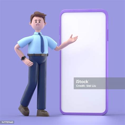 웃고 있는 아시아 남자 펠릭스가 빈 전화 모형을 밀고 있는 3d 그림3d 파란색 배경에 렌더링 American Cinematheque에 대한 스톡 사진 및 기타 이미지