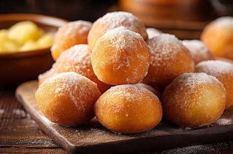 Premium Ai Image A Tray Of Sugared Donuts With A Bowl Of Fruit On The