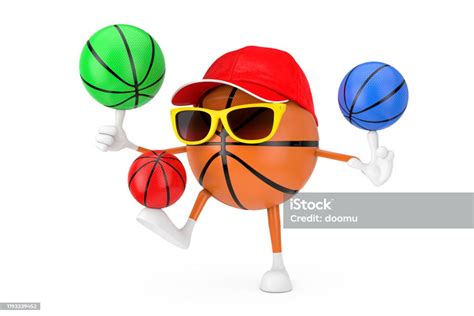 귀여운 만화 장난감 농구 공 스포츠 마스코트 사람 캐릭터 가위 다채로운 농구 공 3d 렌더링 거리에 대한 스톡 사진 및 기타