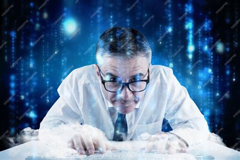 Premium Photo Mature Businessman Typing On Keyboard Against Lines Of