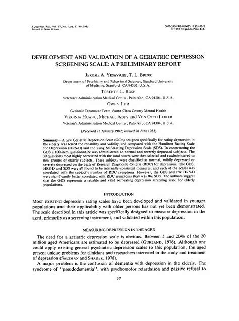 Pdf Development And Validation Of A Geriatric Depression Screening Scale…
