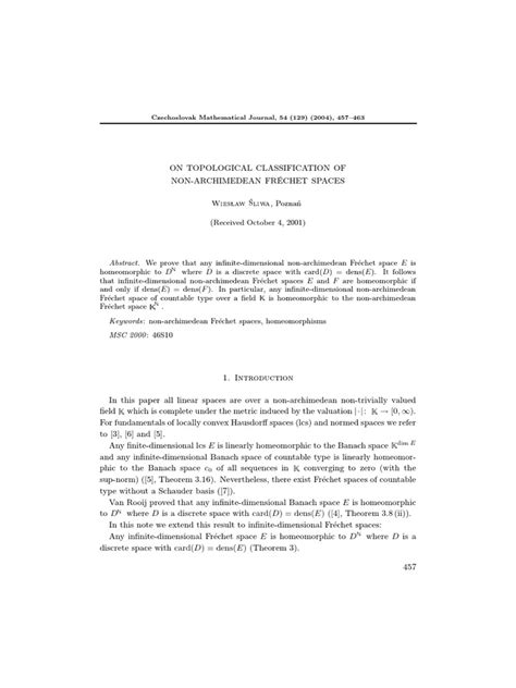 2004 On Topological Classification Of Non Archimedean Fréchet Spaces Pdf Banach Space Algebra
