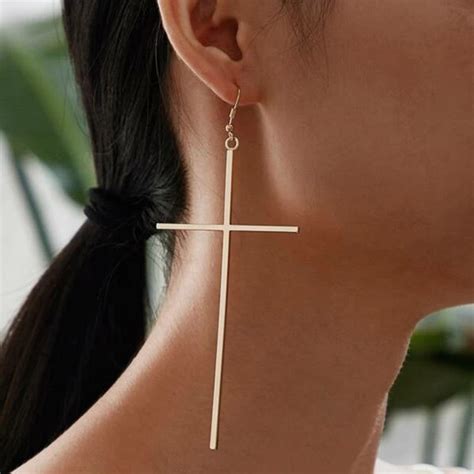 Big Cross Long Earrings For Women Gold Silver Color Drop Dangle Earring