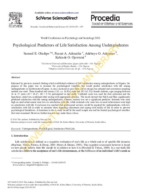 Pdf Psychological Predictors Of Life Satisfaction Among Undergraduates