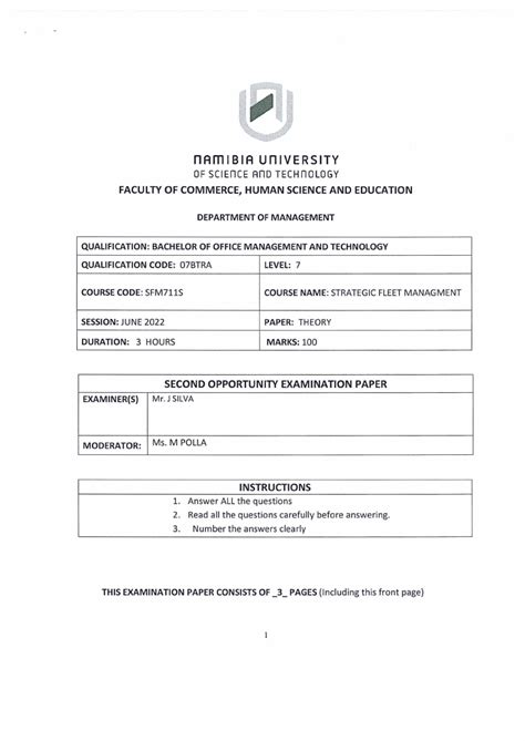 Sfm711s Strategic Fleet Management 1st Opp June 2022 Nust Past