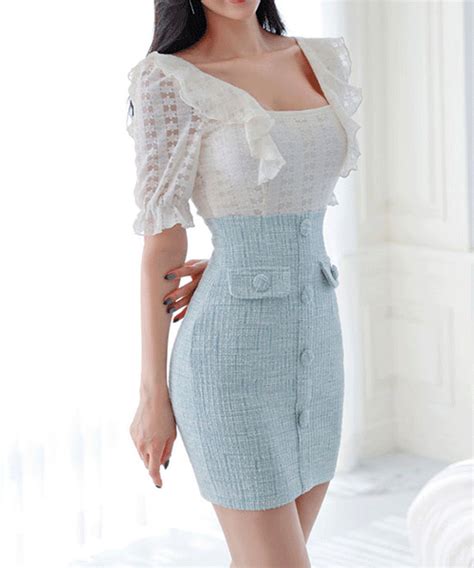 투피앤 여름 인기신상~ 마타 슬림 반팔 스퀘어넥 레이스 스커트 가짜 투피스 드레스 원피스 미니스커트 하객룩 에이블리