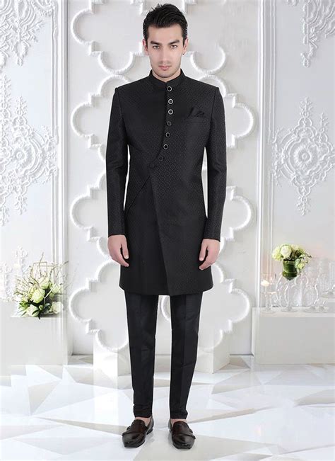 Shop Black Art Silk Brocade Indowestern Sherwani Party Wear Online At