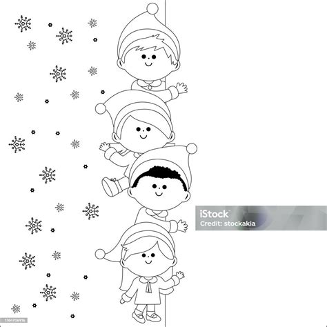 크리스마스 의상을 입고 빈 현수막을 든 아이들 벡터 흑백 색칠 페이지입니다 일러스트레이션에 대한 스톡 벡터 아트 및 기타 이미지