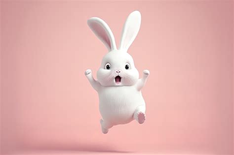 귀여운 만화 Ai 생성 행복 토끼 캐릭터 분홍색 배경에 점프 부활절 봄 휴가 디자인 3d 렌더링 그림에 대한 사랑스러운 토끼